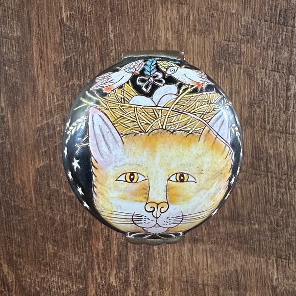Chinemel | Accents | Vintage Enameled On Copper Tabby Cat With Birds ...
